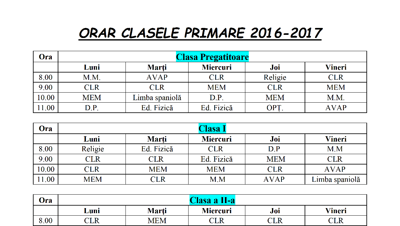Orar primar 2016-2017 | Școala Gimnazială "Uruguay"